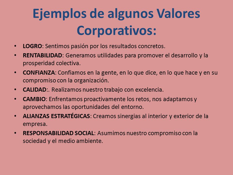 Ejemplos De Valores Corporativos En Una Empresa Opciones De Ejemplo